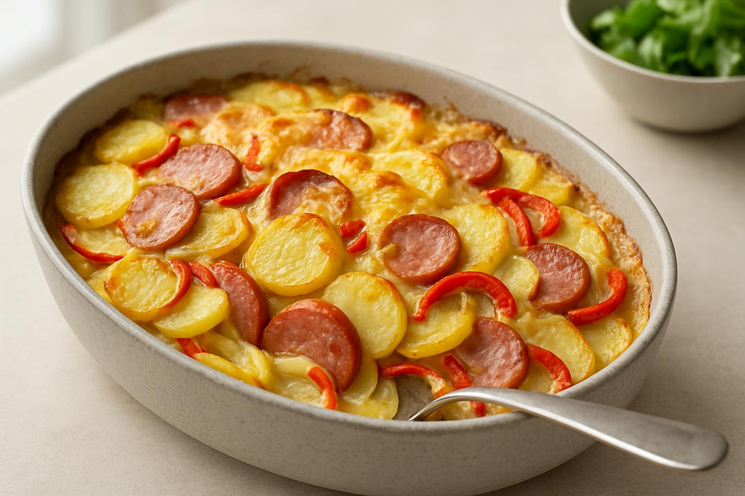 Falukorvsgratäng med potatis, paprika och ost - Tillmiddag.se