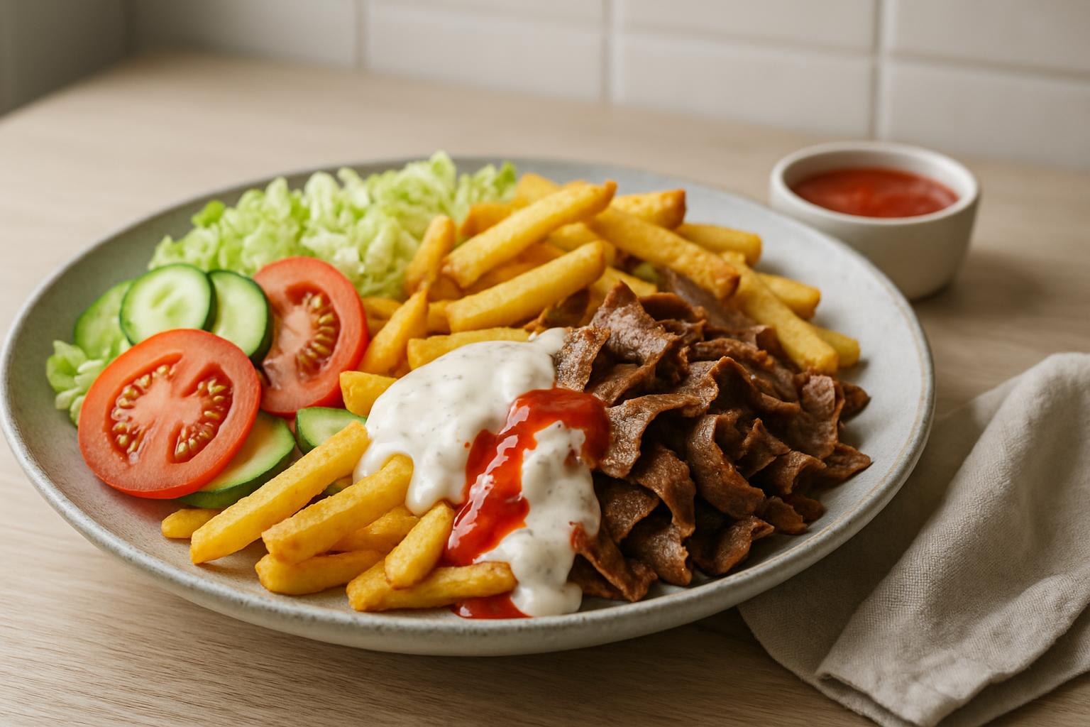 Kebabtallrik med krispiga ugnspommes och två såser - Tillmiddag.se